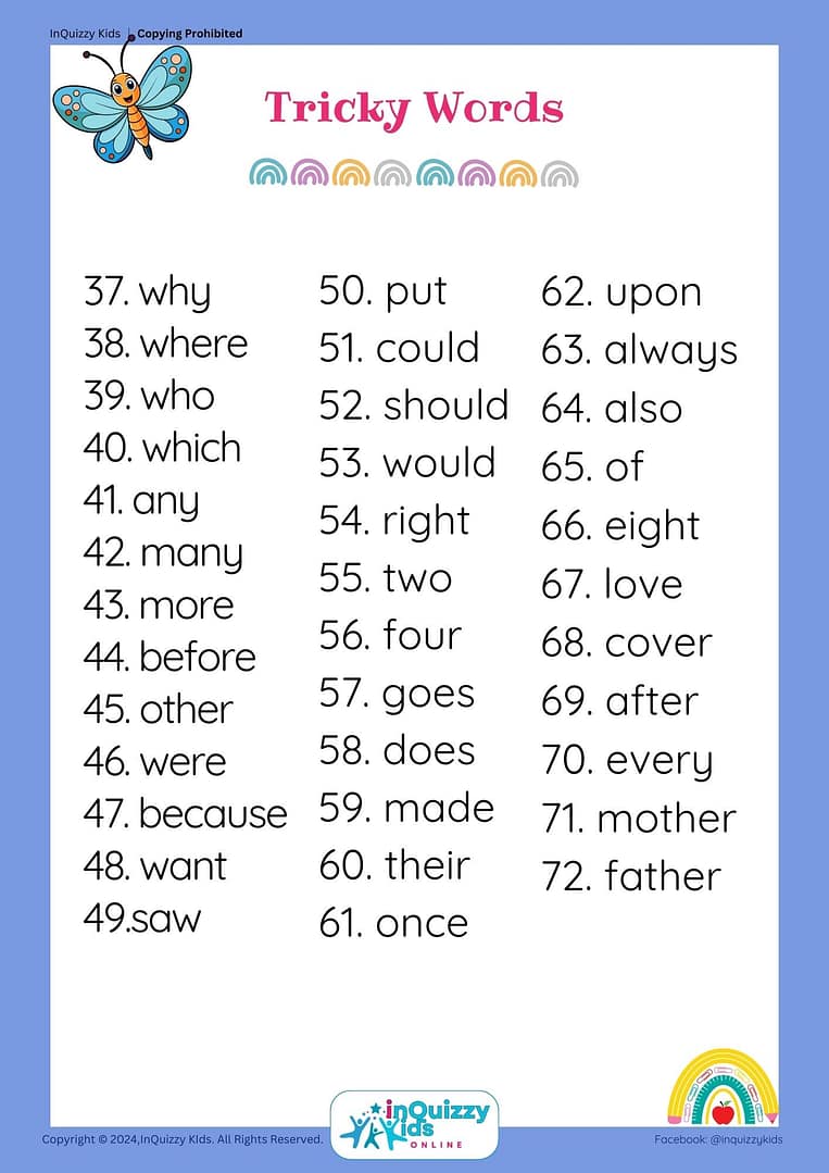 Tricky Words Booklet English Grade 1 to 3 – Free Download – inQuizzy Kids