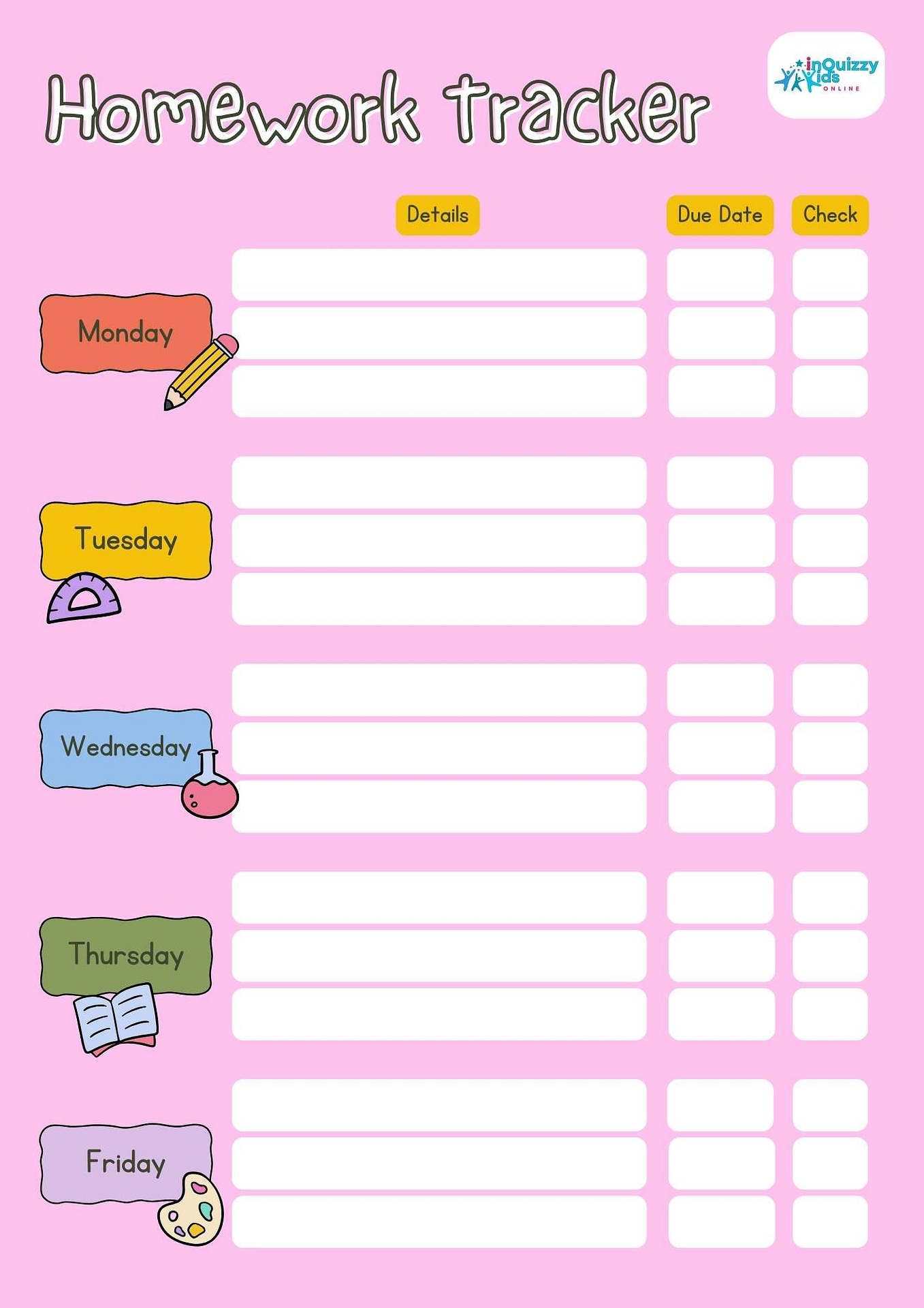 Homework Tracker Pink – Free Download – inQuizzy Kids
